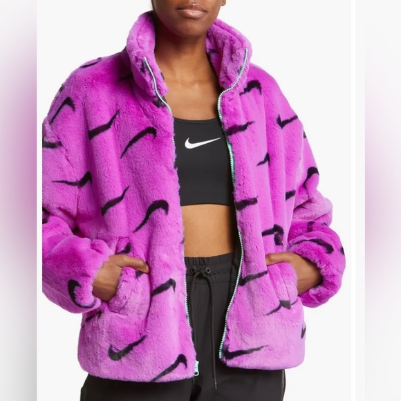 Nike | Jackets & Coats | Nike Swoosh Logo Faux Fur Jacket In Maroon And ...